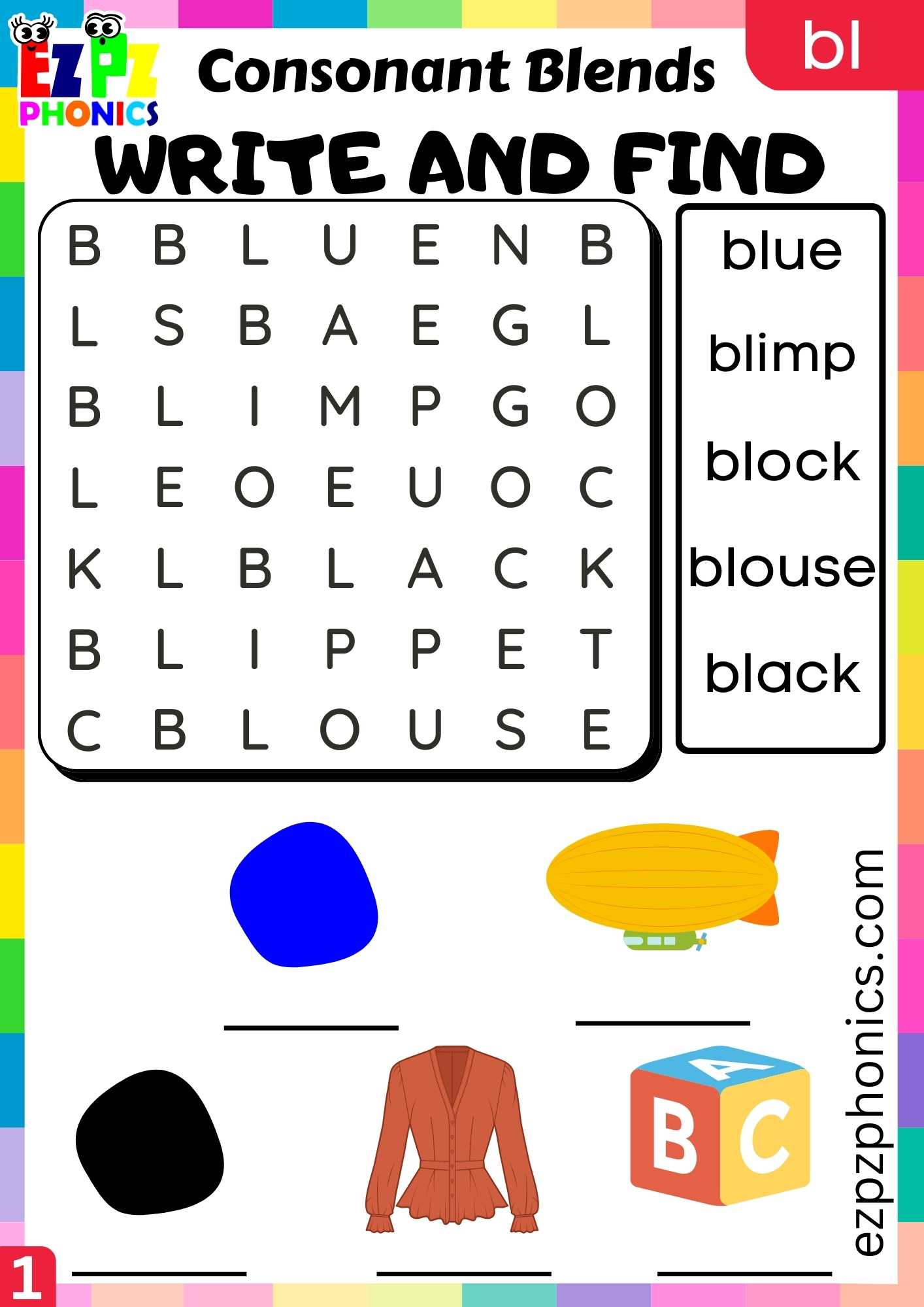 Group1 BL Words Write And Find Phonics Consonant Blends Worksheet - ezpzphonics.com
